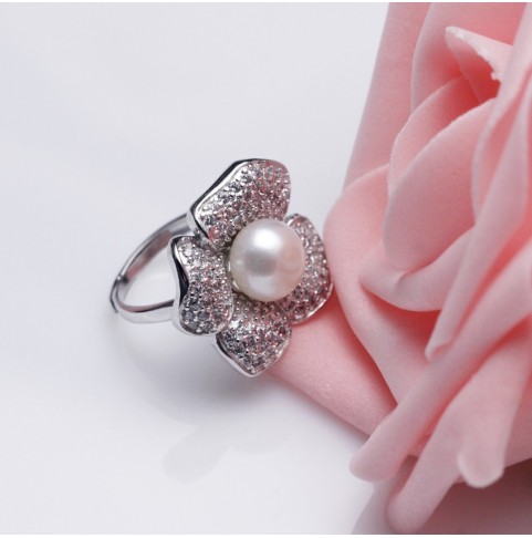 bague argent - bague perle - bague rhodié - bague perle oz - bague fleur